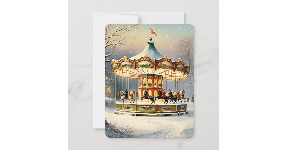 vintage christmas snow carousel holiday card | Zazzle
