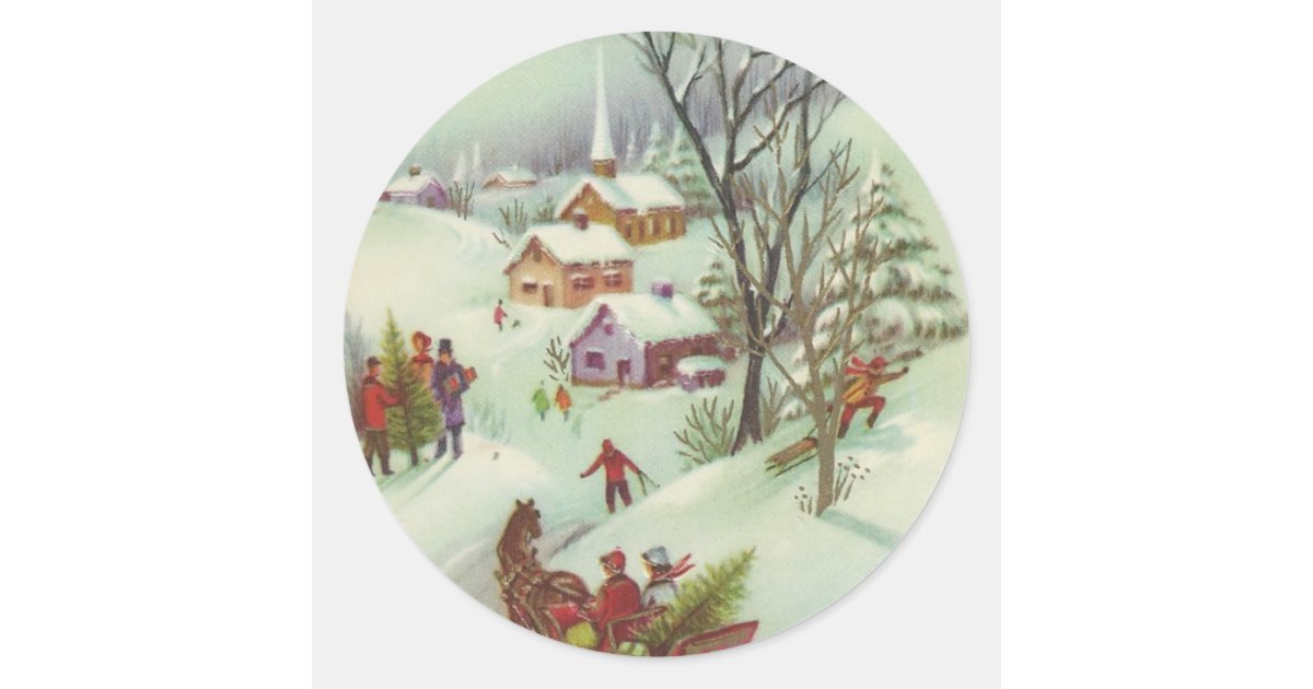 Vintage Christmas Snow Scene Classic Round Sticker | Zazzle