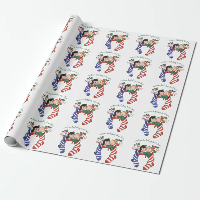 Vintage Christmas Stockings with Cute Children Wrapping Paper | Zazzle