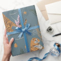 Vintage Christmas Tiger with Christmas Tree Blue Wrapping Paper | Zazzle