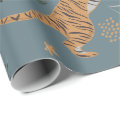 Vintage Christmas Tiger with Christmas Tree Blue Wrapping Paper | Zazzle