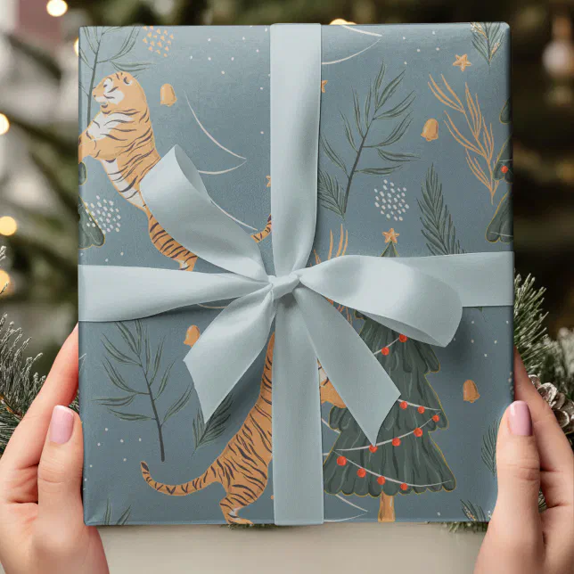 Vintage Christmas Tiger with Christmas Tree Blue Wrapping Paper | Zazzle