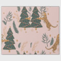 Vintage Christmas Tiger with Christmas Tree Pink Wrapping Paper | Zazzle