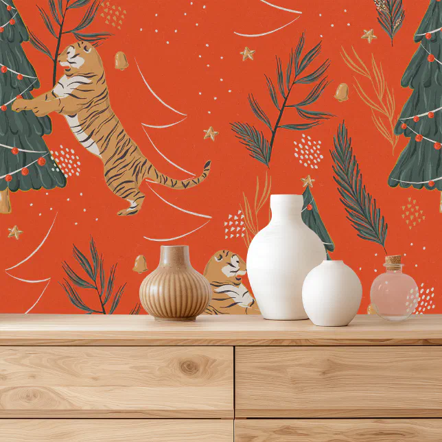 Vintage Christmas Tiger With Christmas Tree Wallpaper | Zazzle