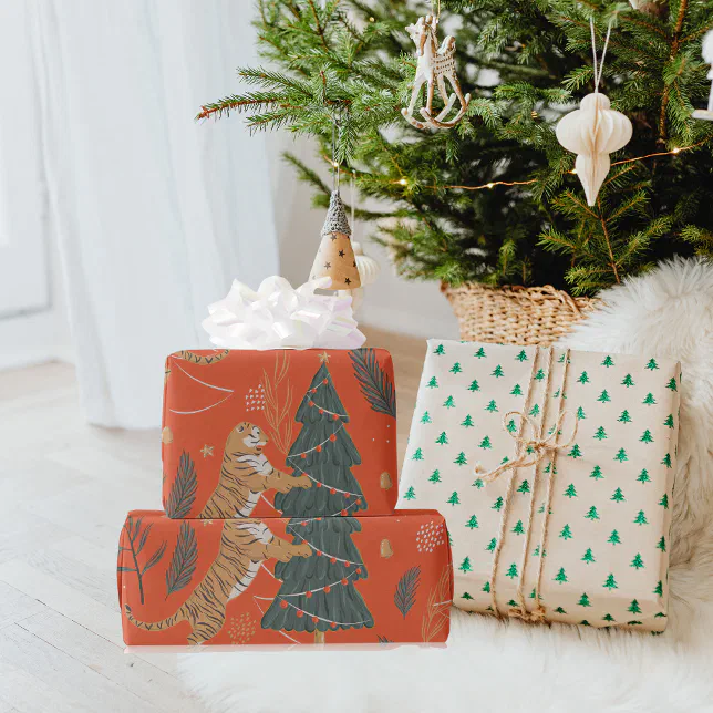 Vintage Christmas Tiger With Christmas Tree Wrapping Paper | Zazzle
