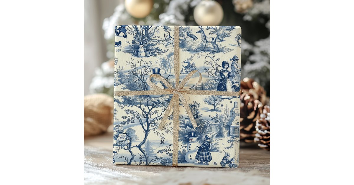 Vintage Christmas Toile Blue Victorian Holiday Wrapping Paper | Zazzle