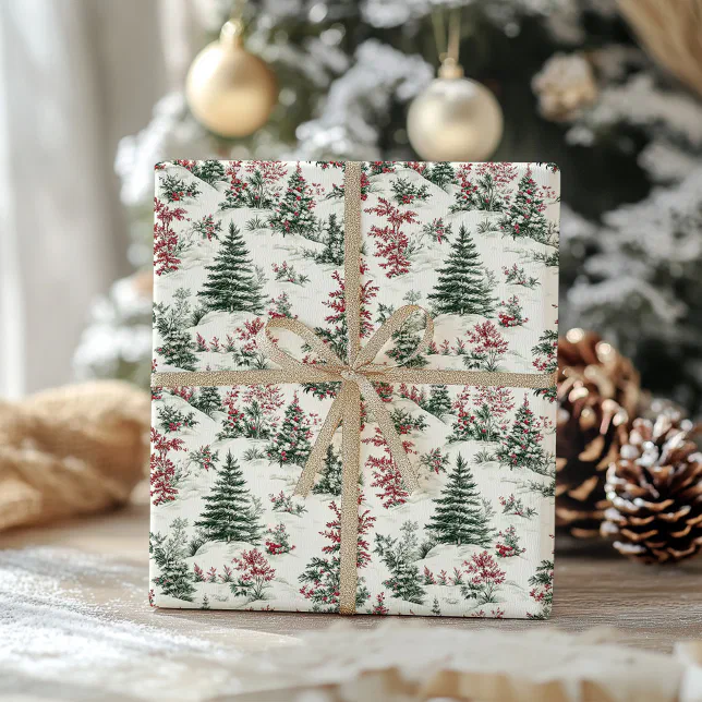 Vintage Christmas Toile Victorian Red Tree Holiday Wrapping Paper | Zazzle