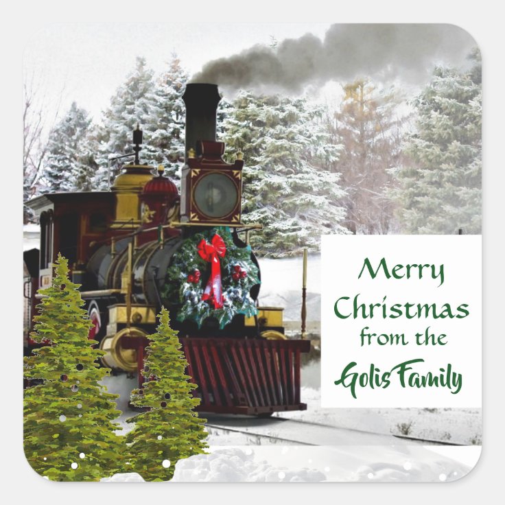 Vintage Christmas Train Square Sticker | Zazzle