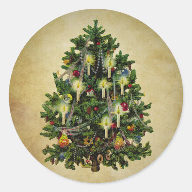 vintage christmas tree classic round sticker | Zazzle
