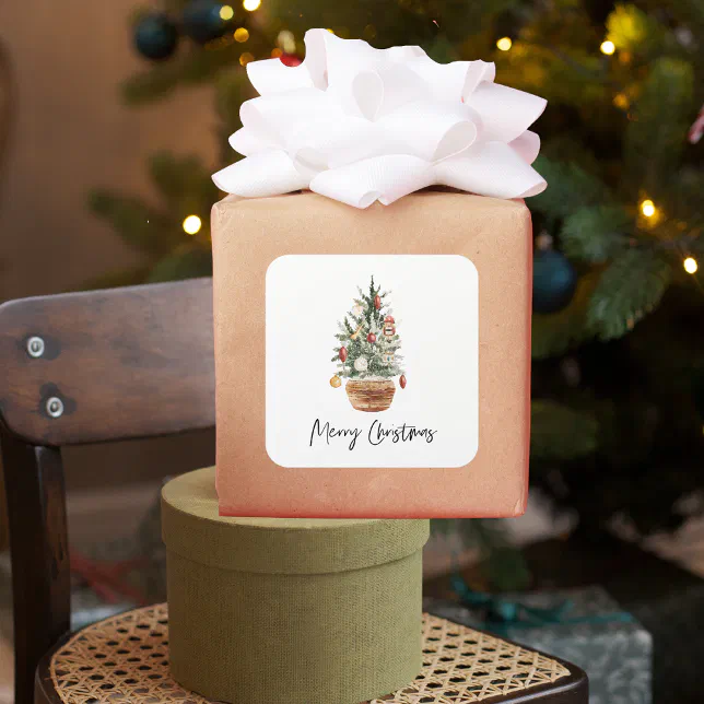 Vintage Christmas Tree | Merry Christmas Square Sticker | Zazzle