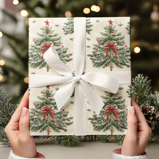 Vintage Christmas Tree with Red Bow Minimalist Wrapping Paper | Zazzle