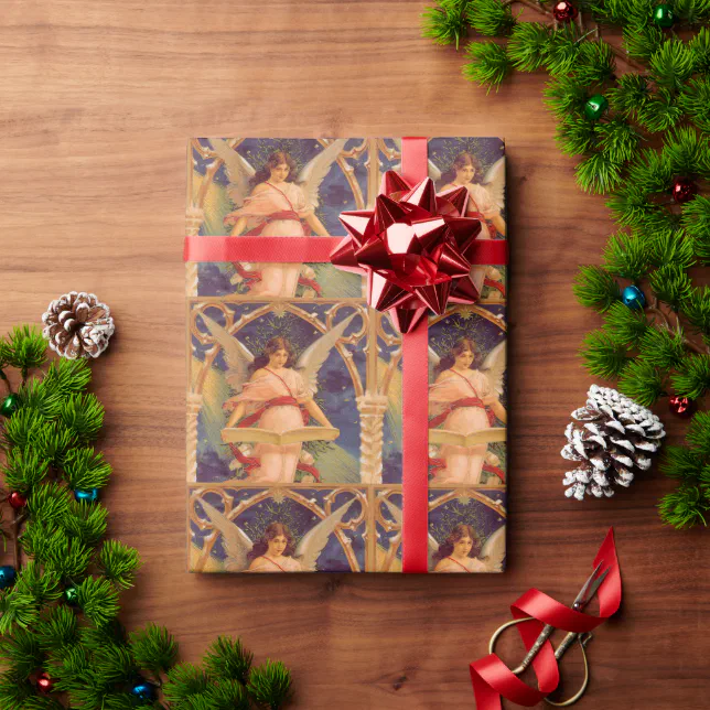 Vintage Christmas, Victorian Angel Reading Bible Wrapping Paper | Zazzle