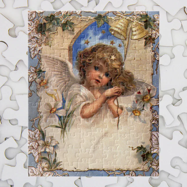Vintage Christmas, Victorian Angel with Gold Bells Jigsaw Puzzle | Zazzle