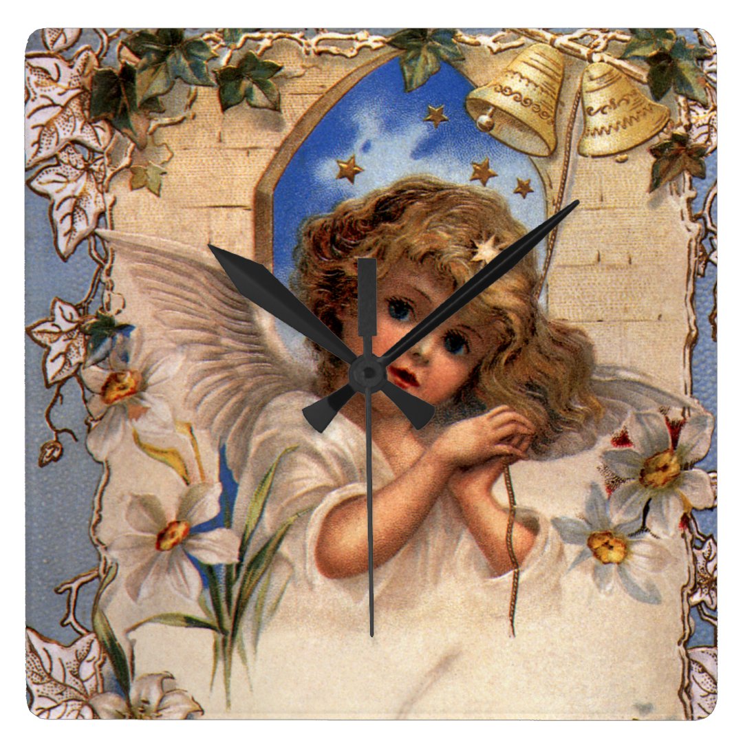 Vintage Christmas, Victorian Angel with Gold Bells Square Wall Clock ...
