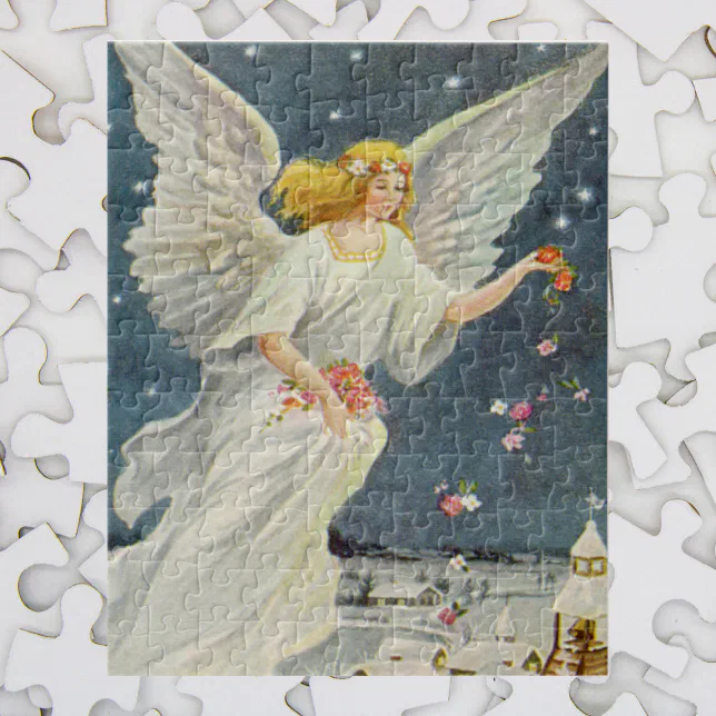 Vintage Christmas Victorian Angel with Stars Roses Jigsaw Puzzle | Zazzle