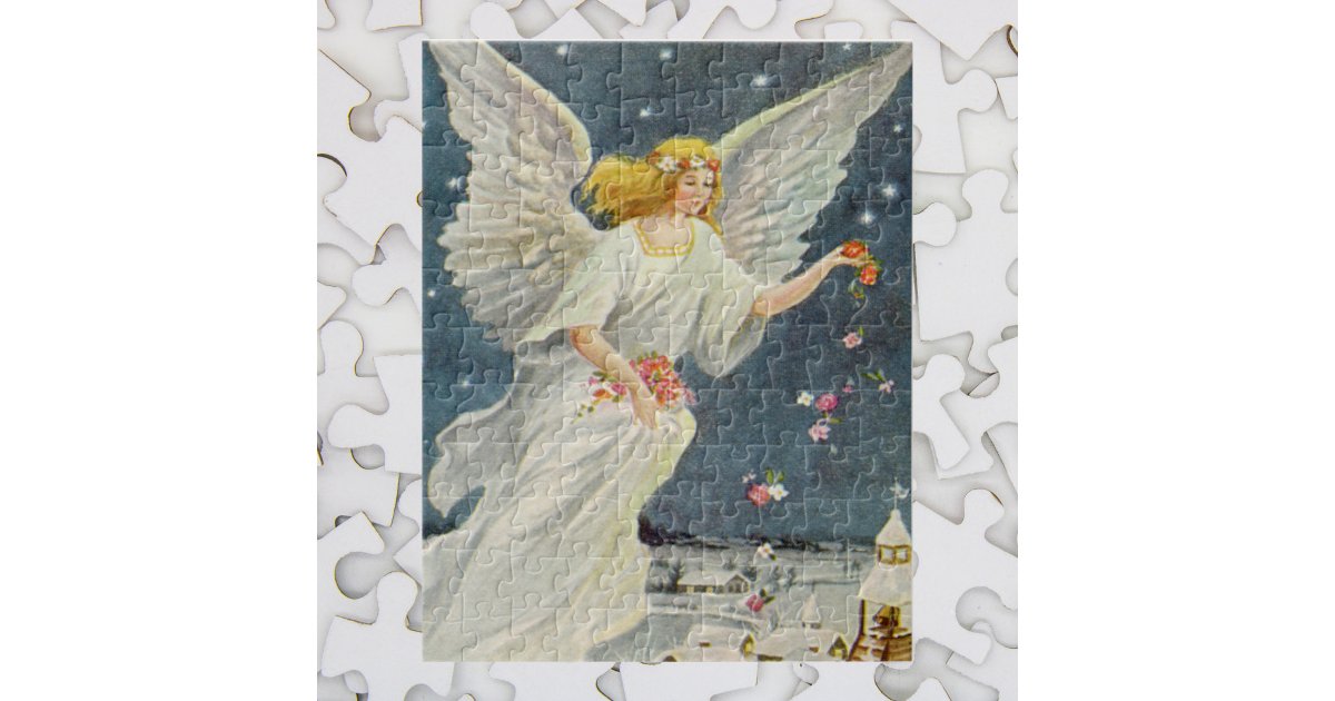Vintage Christmas Victorian Angel with Stars Roses Jigsaw Puzzle | Zazzle