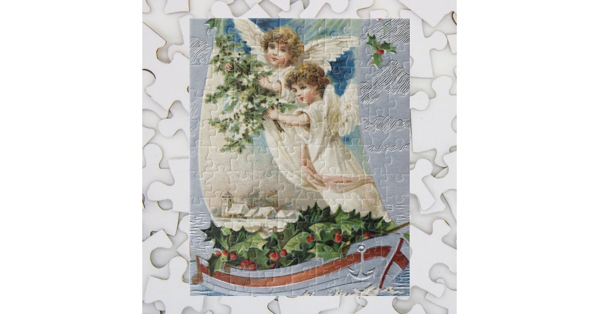 Vintage Christmas, Victorian Angels in a Sailboat Jigsaw Puzzle | Zazzle