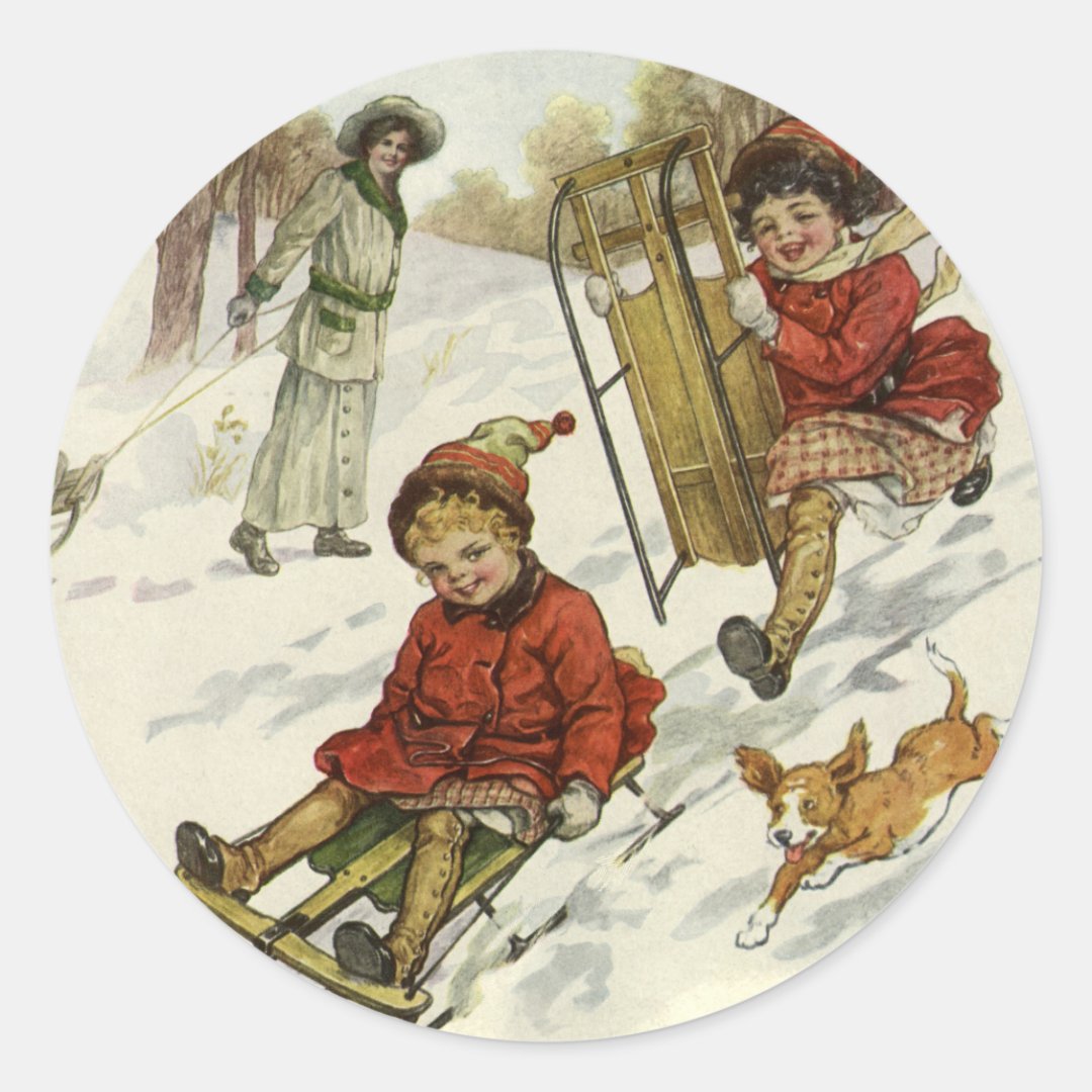 Vintage Christmas, Victorian Children Sledding Dog Classic Round ...