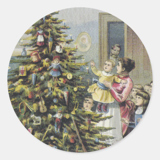 Vintage Christmas, Victorian Family Around Tree Classic Round Sticker ...