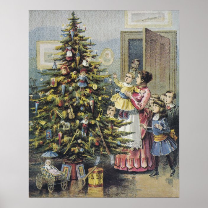 Vintage Christmas, Victorian Family Around Tree Poster | Zazzle.com