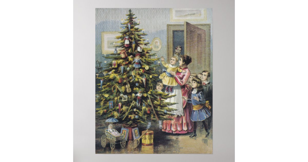 Vintage Christmas, Victorian Family Around Tree Poster | Zazzle