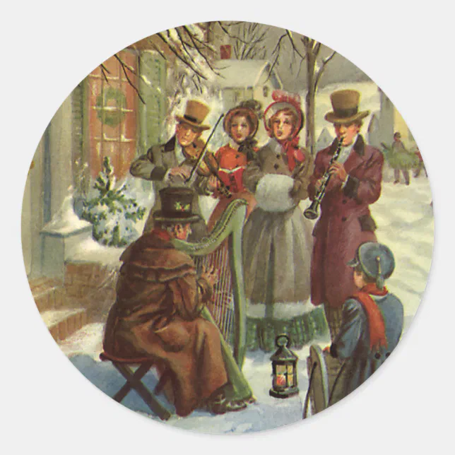 Vintage Christmas, Victorian Musicians Caroling Classic Round Sticker ...