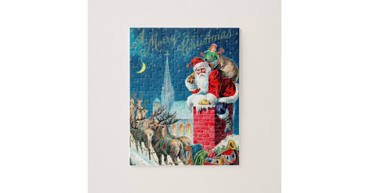 Vintage Christmas Victorian Santa Claus on Chimney Jigsaw Puzzle | Zazzle