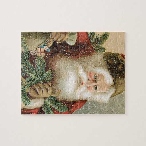 Vintage Christmas, Victorian Santa Claus with Pine Jigsaw Puzzle | Zazzle