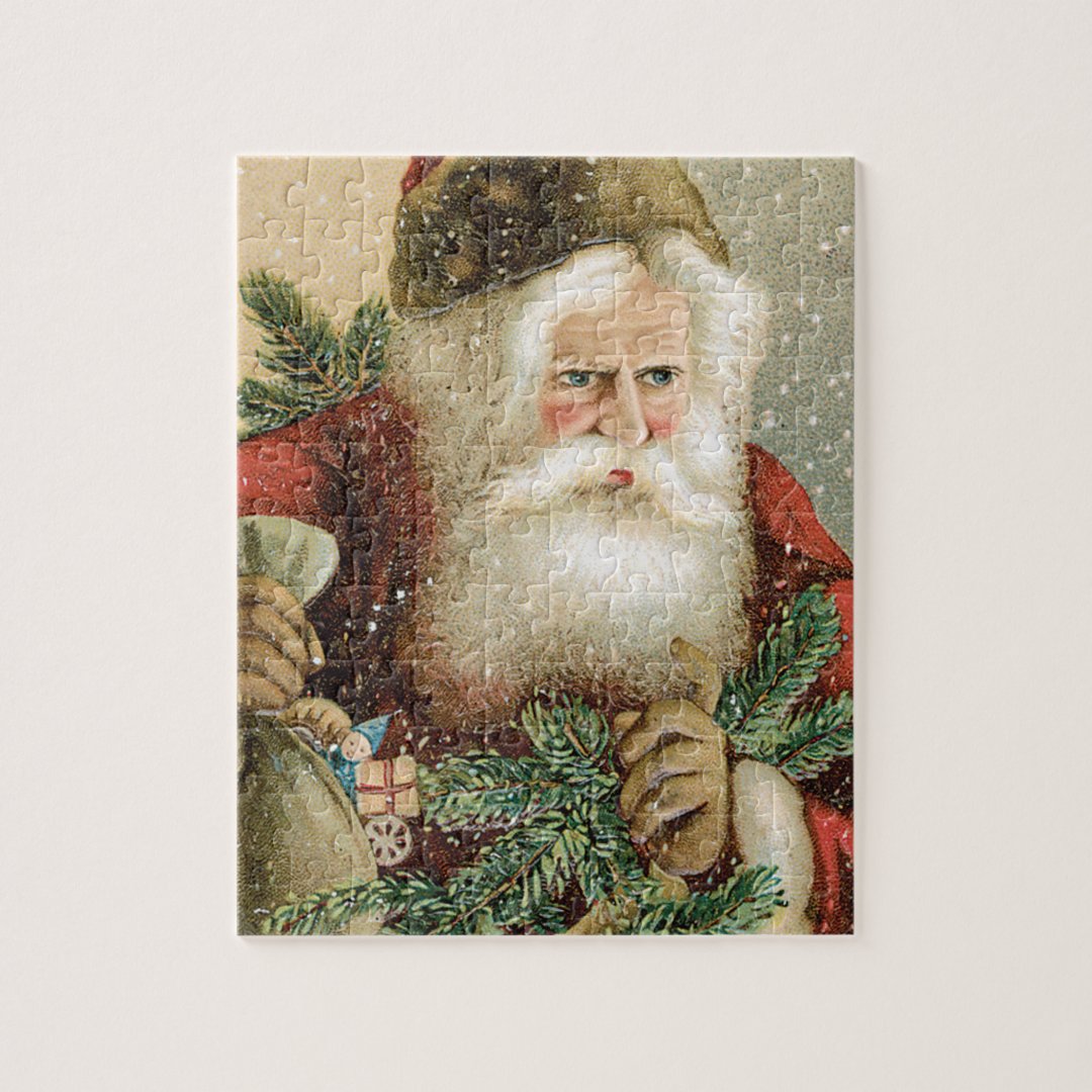 Vintage Christmas, Victorian Santa Claus with Pine Jigsaw Puzzle | Zazzle