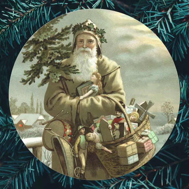Vintage Christmas, Victorian Santa Claus with Toys Classic Round ...
