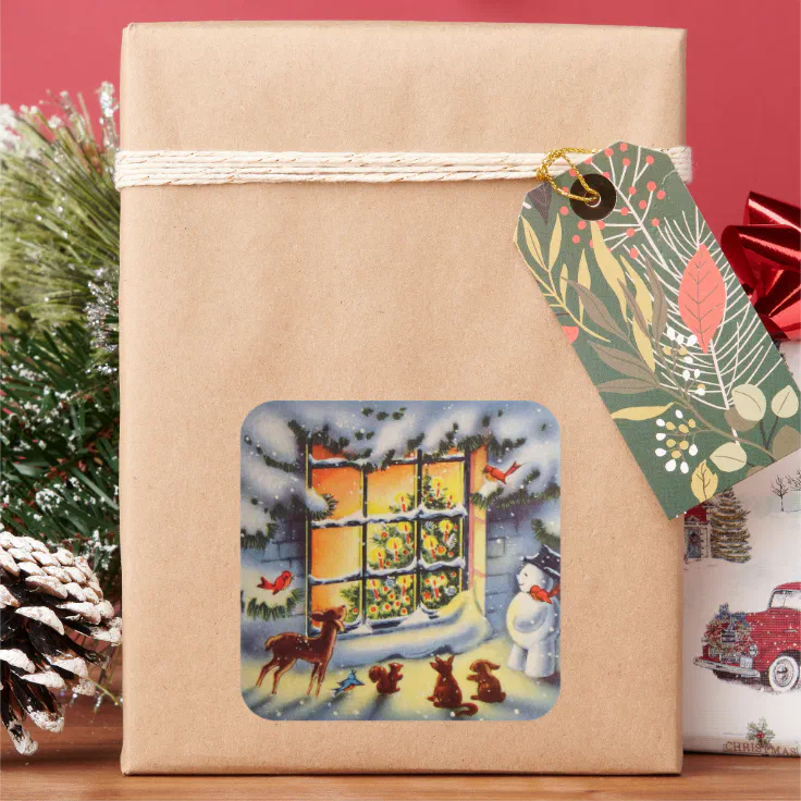 Vintage Christmas window Holiday sticker | Zazzle
