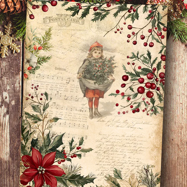Vintage Christmas Winter Botanical Decoupage Tissue Paper | Zazzle