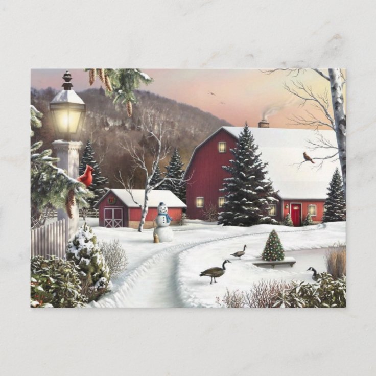 Vintage Christmas Winter Farm Holiday Postcard | Zazzle