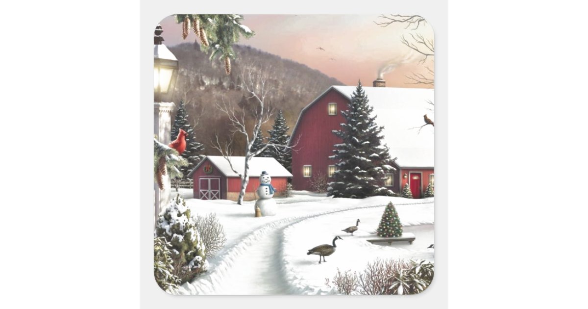 Vintage Christmas Winter Farm Square Sticker | Zazzle