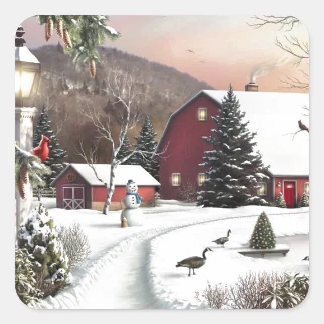 Vintage Christmas Winter Farm Square Sticker | Zazzle