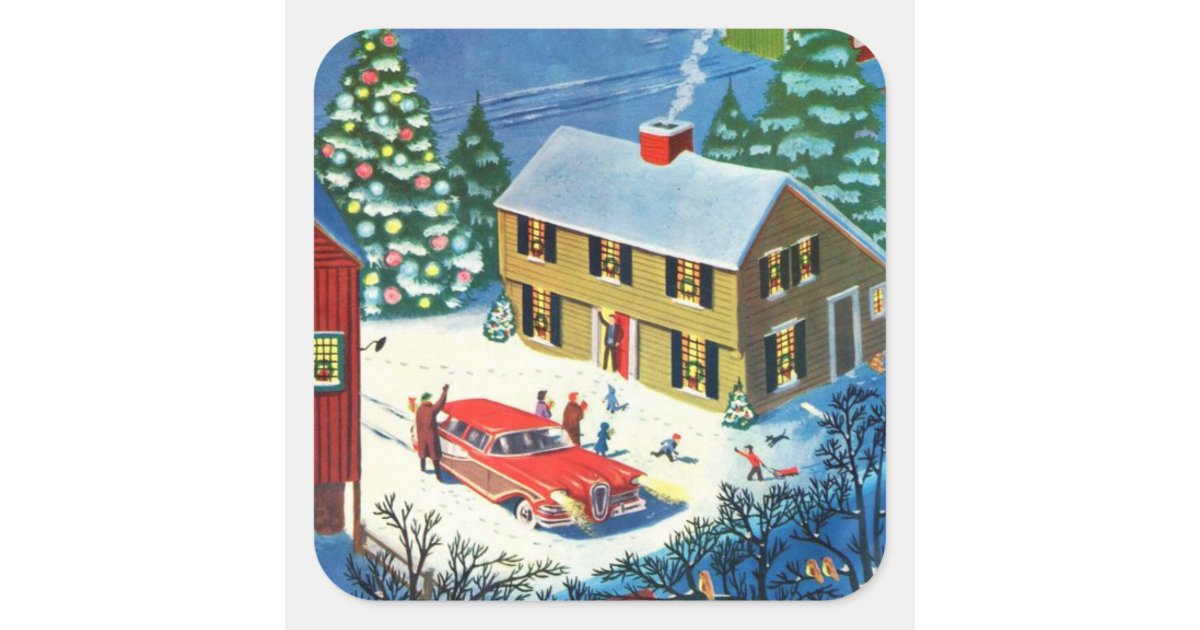 Vintage Christmas Winter Scene Square Sticker | Zazzle