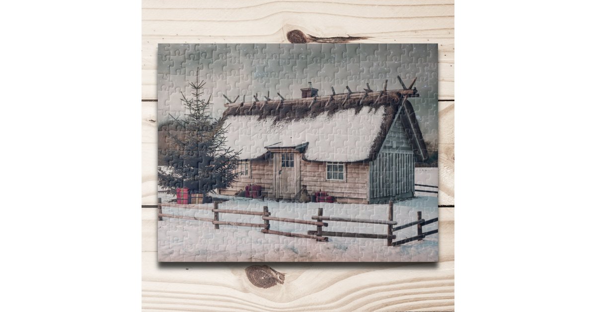 Vintage Christmas Winter Scene with Cabin Jigsaw Puzzle | Zazzle