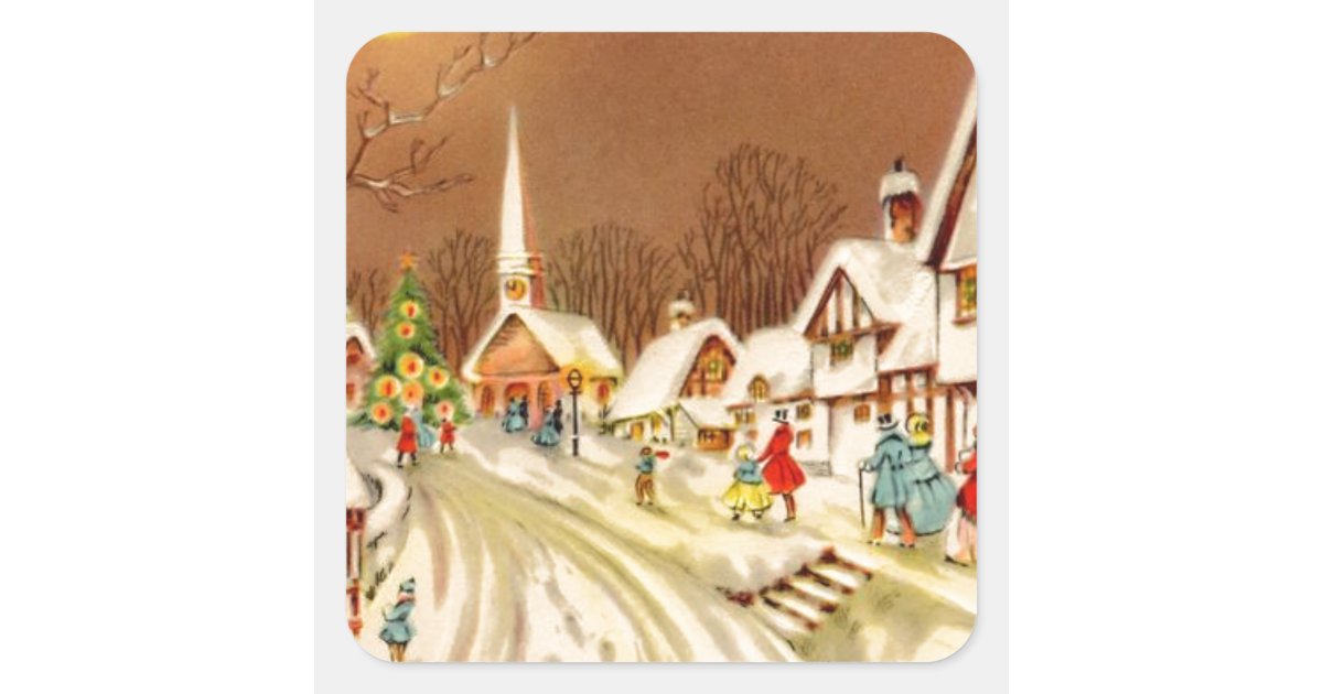 Vintage Christmas Winter Snow Town Square Sticker | Zazzle