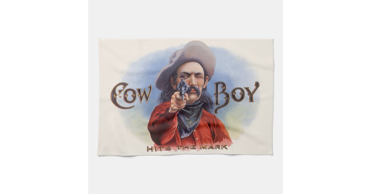 Vintage Cigar Label Art, Cowboy Hits the Mark Kitchen Towel | Zazzle