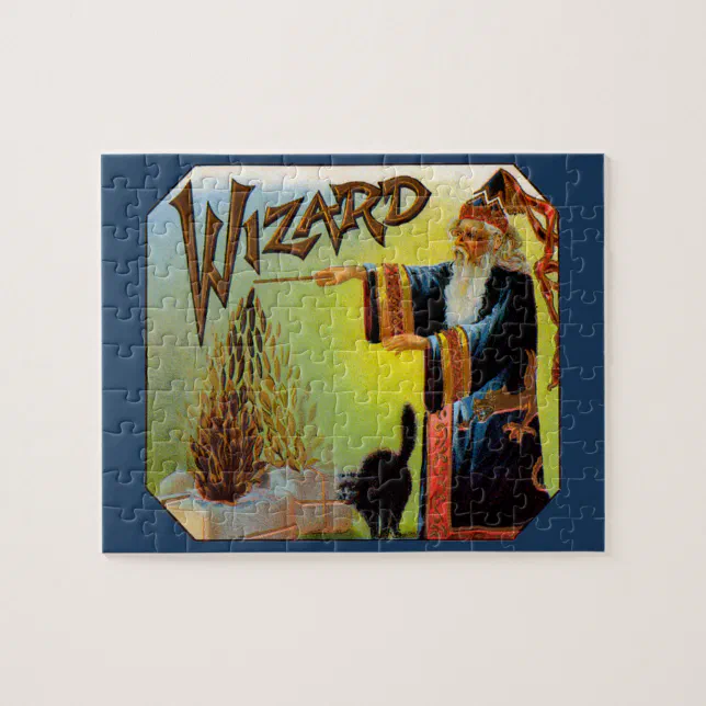 Vintage Cigar Label, Magic Wizard with Black Cat Jigsaw Puzzle | Zazzle
