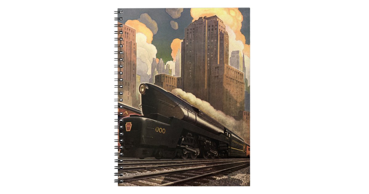 Vintage City, T1 Duplex Train on Railroad Tracks Notebook | Zazzle