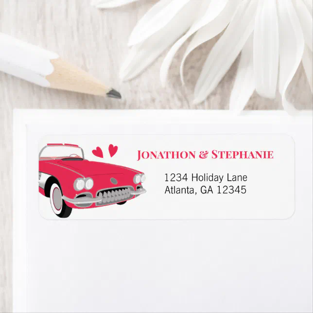 Vintage Classic 50s Pink Convertible Wedding Label | Zazzle