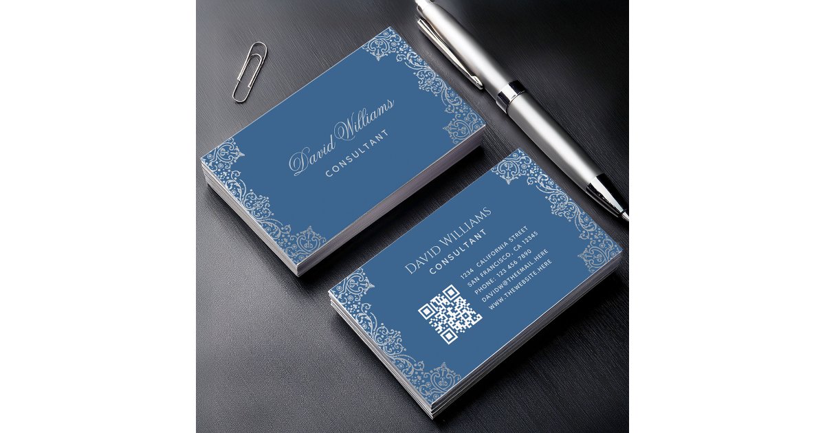 Vintage Classic Blue QR Code Antique Ornate Script Business Card | Zazzle