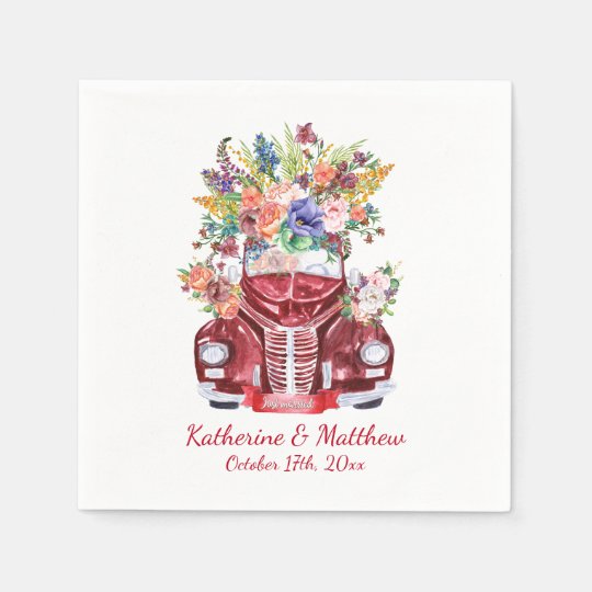 Vintage Classic Car with Watercolor Floral Wedding Paper Napkins ...