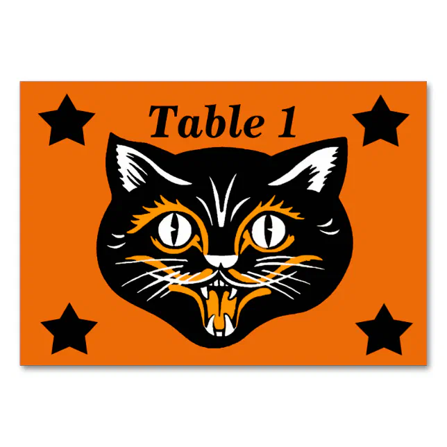 Vintage Classic Halloween Black Cat Face Fangs Table Number | Zazzle