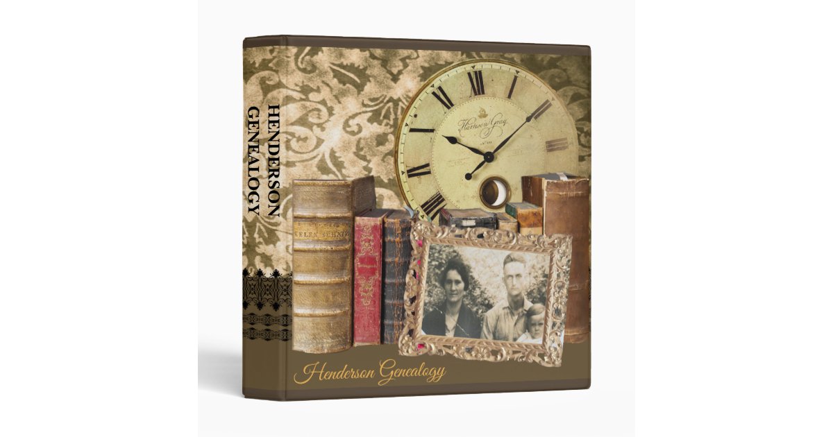 Vintage Clock and Books Genealogy 3 Ring Binder | Zazzle