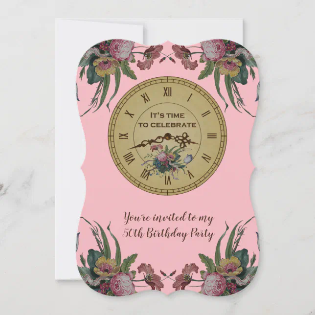 Vintage Clock with Flowers Birthday Party Invitation | Zazzle