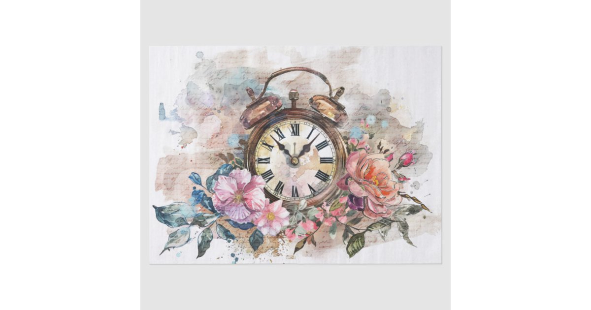 Vintage Clock with Roses and Calligraphy Decoupage Tissue Paper | Zazzle