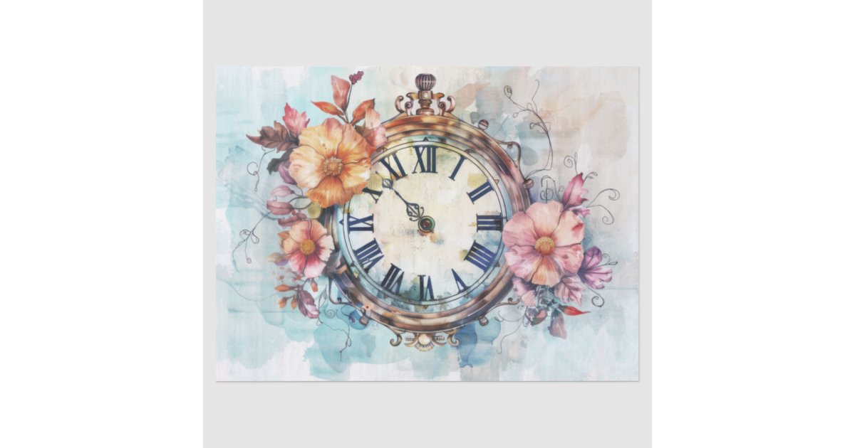 Vintage Clock with Roses and Handwriting Decoupage Tissue Paper | Zazzle