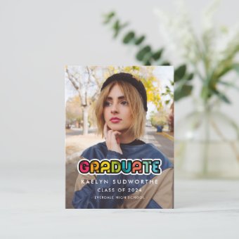 Vintage colorful 80s graduation photo announcement postcard | Zazzle